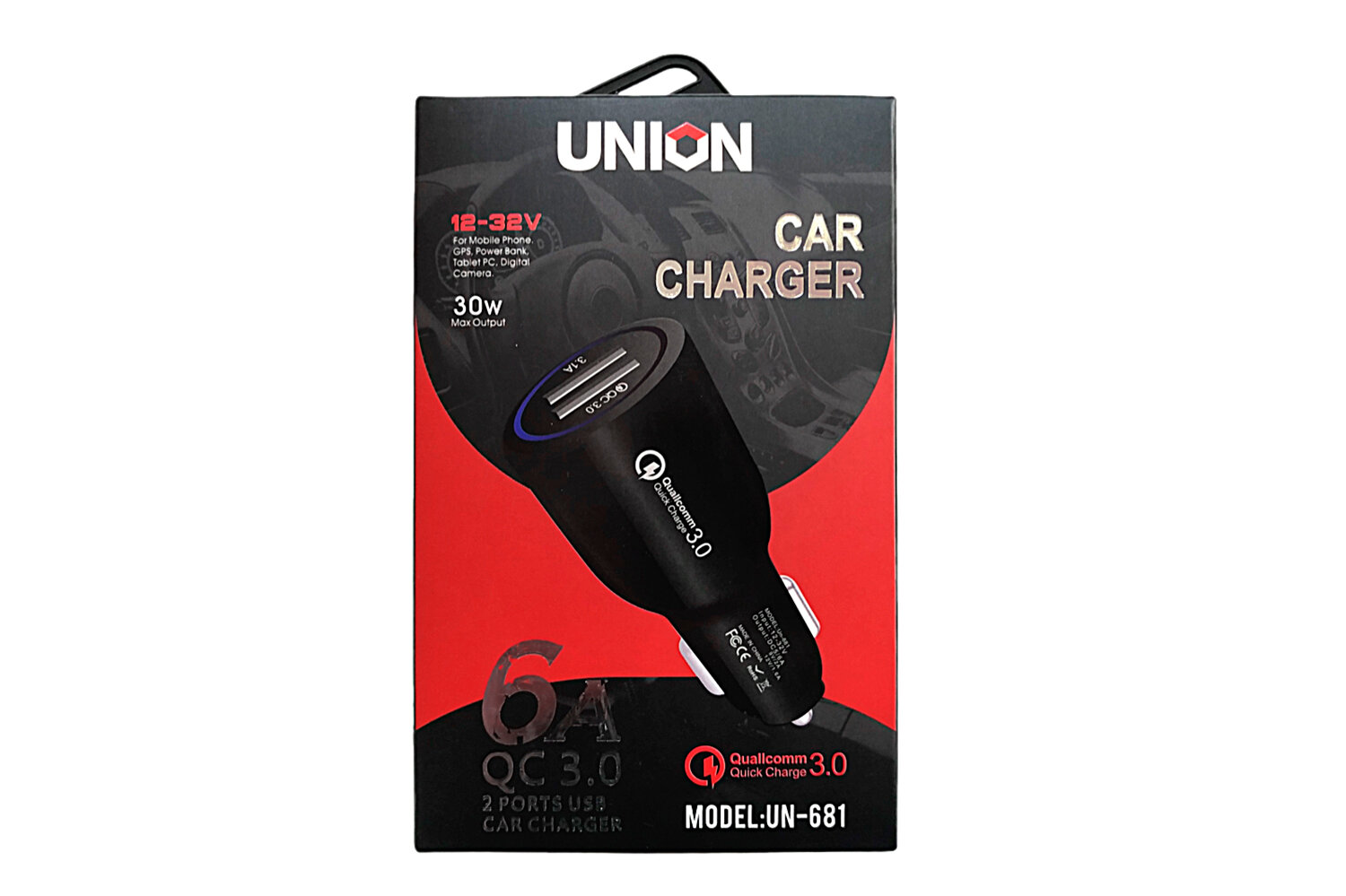 Автомобильный адаптер от прикуривателя UN-681 UNION Car Charger QC3.0 DC 12-32V 5V, 2 USB 6A. 30 W