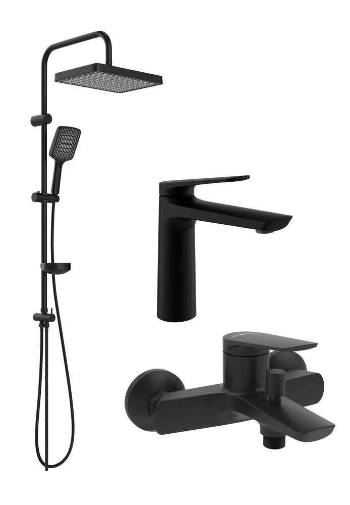 Комплект для ванной Смеситель STWORKI Вирклунд S05010BK матовый черный / Стойка Хадстен S17180BK матовая черная / Смеситель S05100BK
