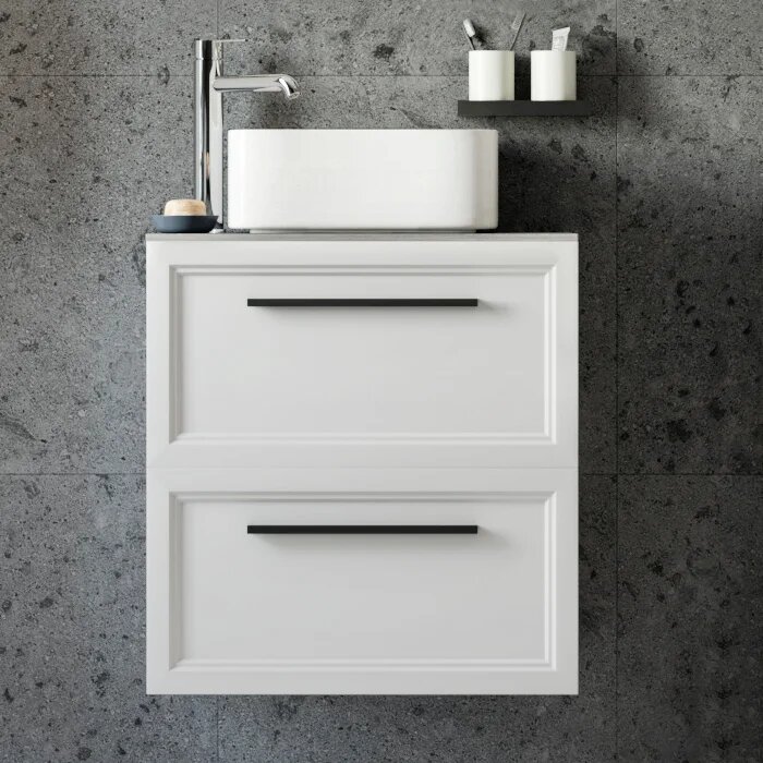 Тумба с раковиной STWORKI Эстерсунд 60 подвесная, 59, 6 см, со столешницей, белая, матовая, с отверстием под смеситель, из МДФ, с ящиками, раковина для ванной фарфоровая