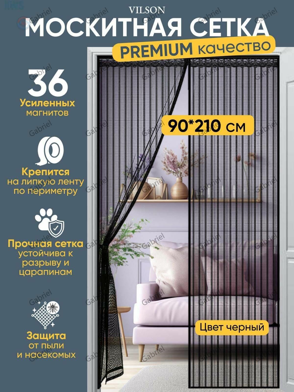 Сетка антимоскитная на магнитах для двери, занавеска от комаров и мух с липучкой, легко устанавливается, черная, 90х210 см, защита от насекомых для дома и офиса