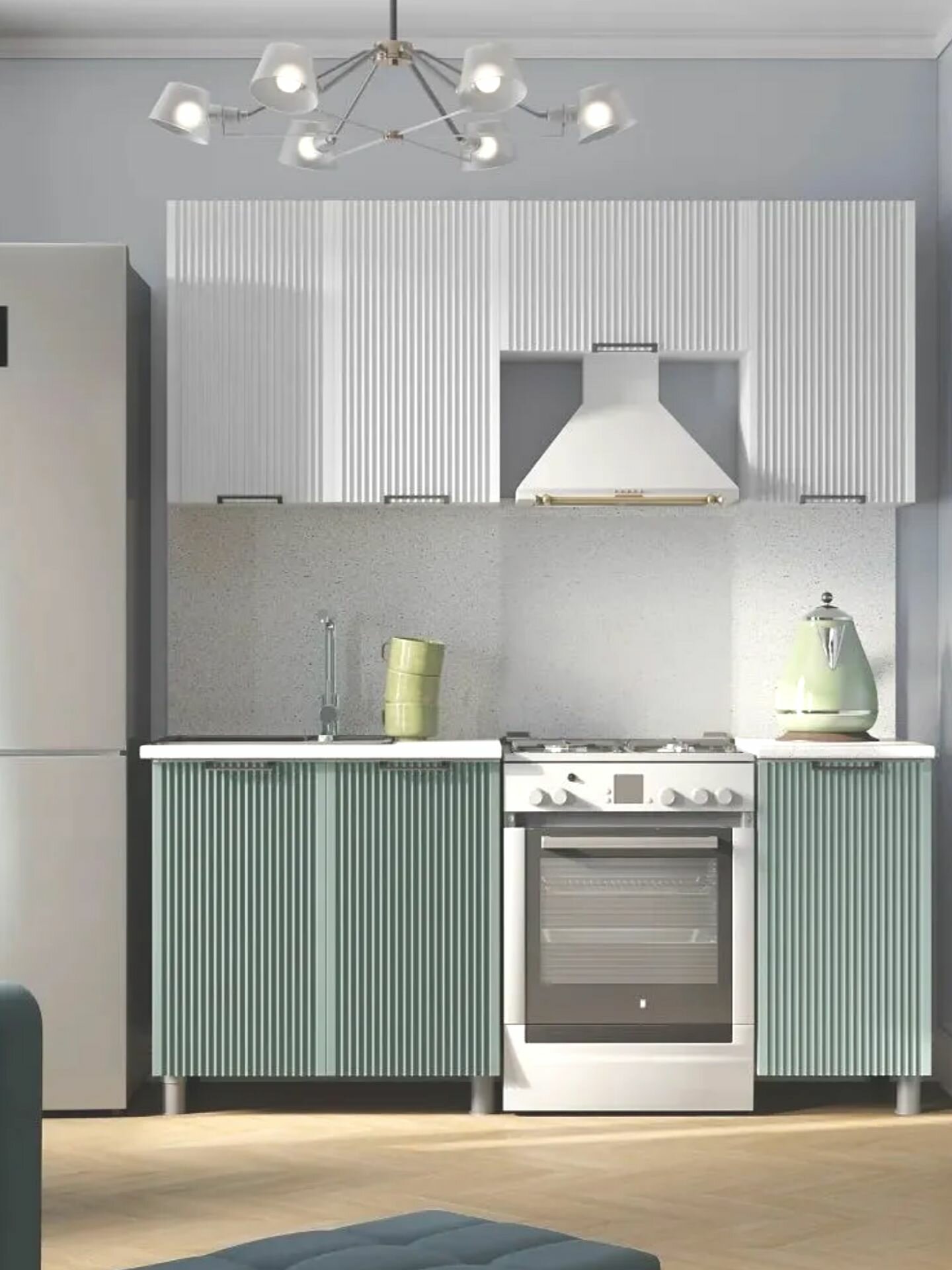 Кухня Кампео без столешницы 1,8 м Белый снег/Бриз ЛДСП/МДФ с окапом 1800х430х2150 тэкс