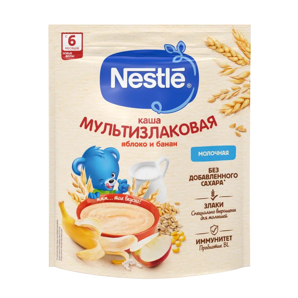 Nestle Каша молочная мультизлаковая с яблоком и бананом с пробиотиком BL с 6 мес пакет 200 г 1 шт