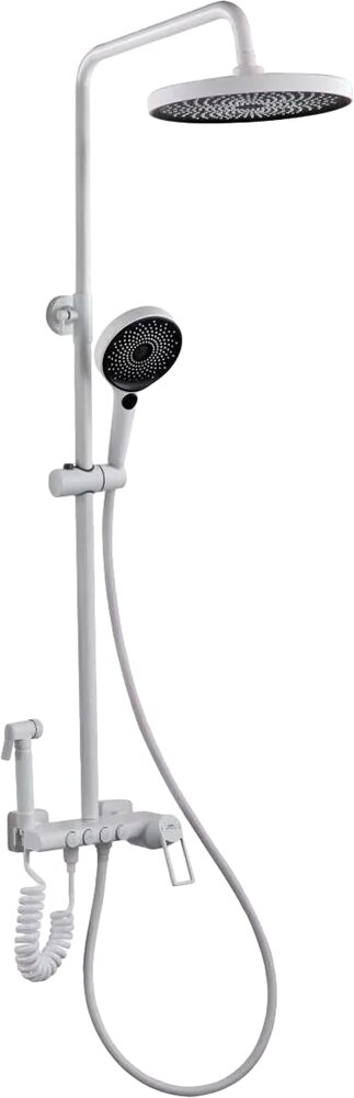 Душевая стойка Fashun A2483-8 со смесителем, белая, матовая, душевая система с тропическим душем, с изливом, с лейкой, латунная, нержавеющая сталь, рычаг сбоку
