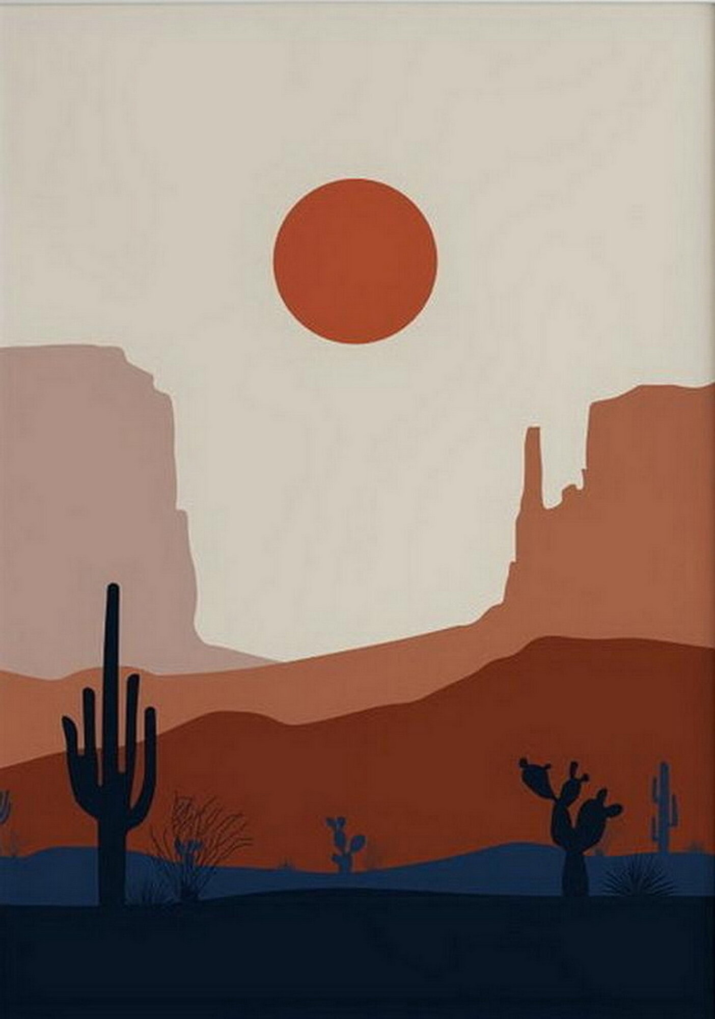 Плакат, постер минималистичный пейзаж пустыни в теплой цветовой гамме на бумаге, размер 21х30см