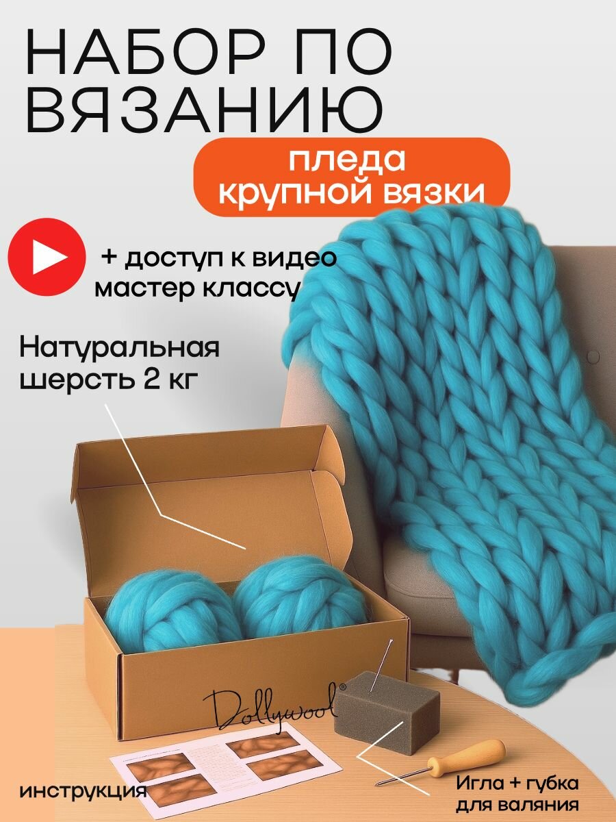 Подарочный набор для вязания пледа крупной вязкой толстая пряжа, инструкция, уют своими руками