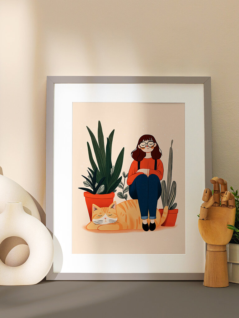 Постер для интерьера "Девушка и кот" А4, Подарок на 8 марта