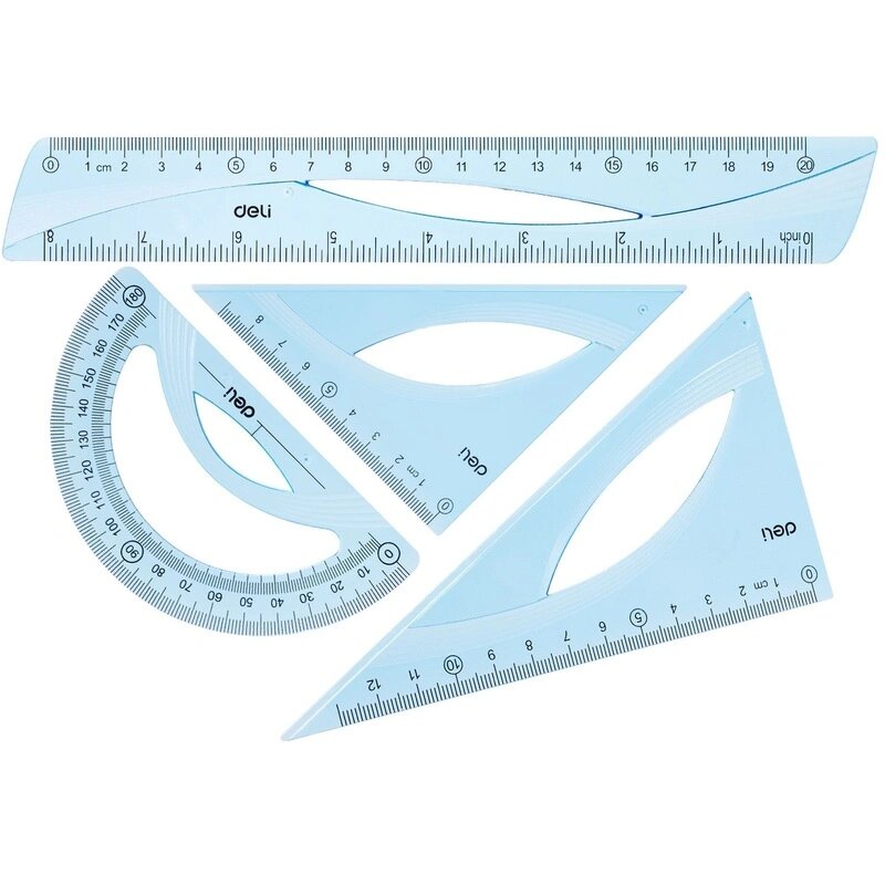 Набор чертежный Deli EH12 средний: лин 20см, угольн 13 и9см, трансп 12см, голуб