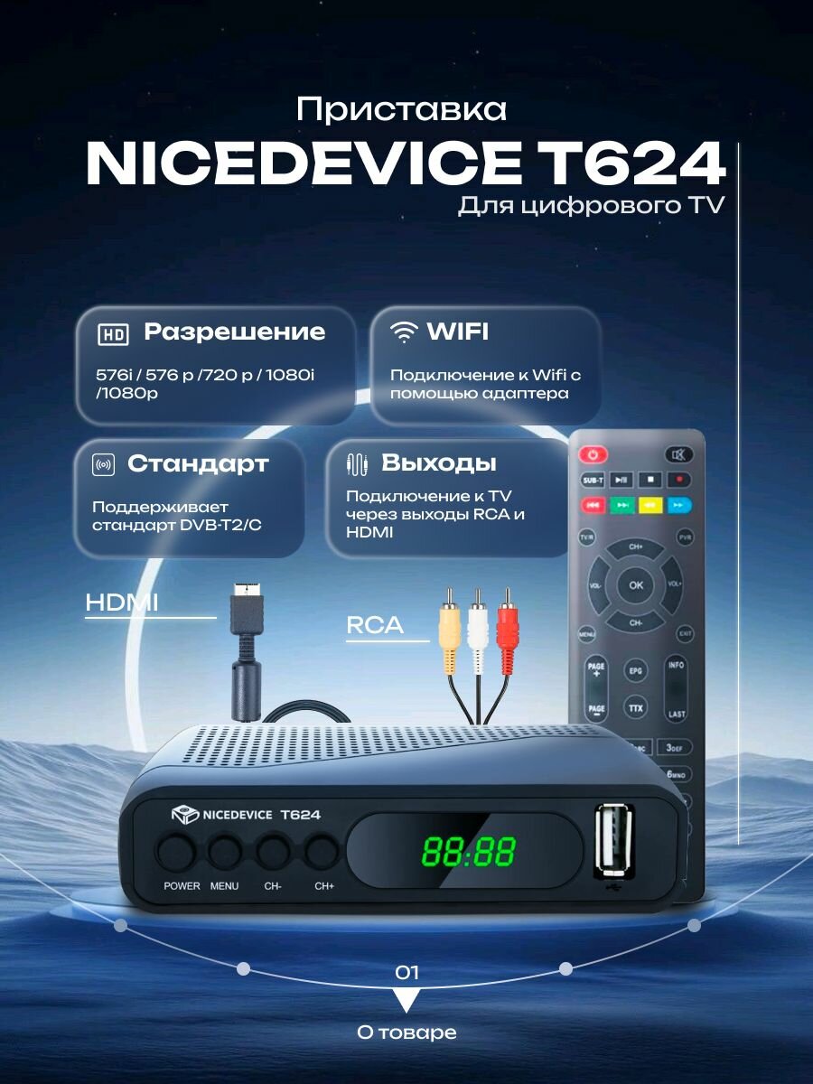 Ресивер цифровой NiceDevice T624 эфирный DVB-T2/C тв приставка бесплатное тв тюнер медиаплеер