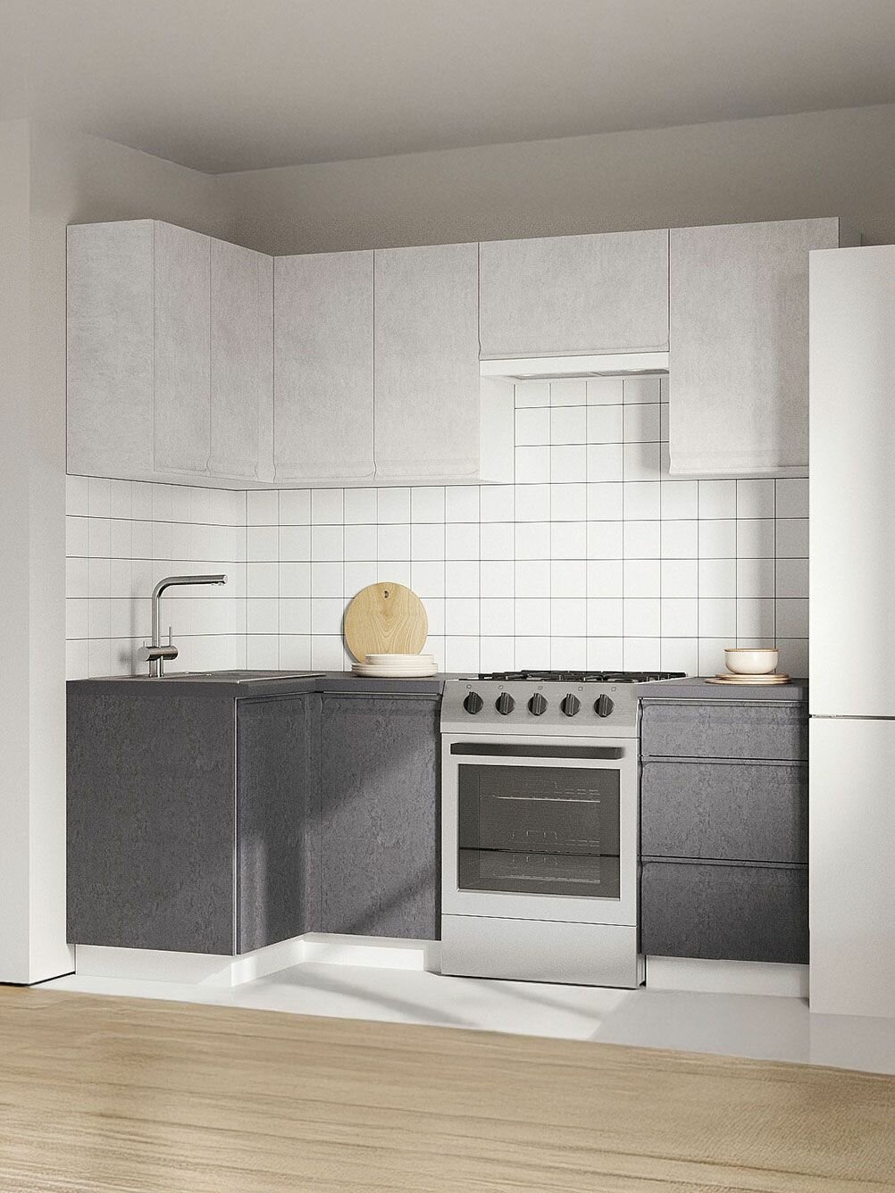 Кухонный гарнитур Велюр 210х100 см, мебель для дома и кухни, Белый / Бетон снежный / Бетон графит