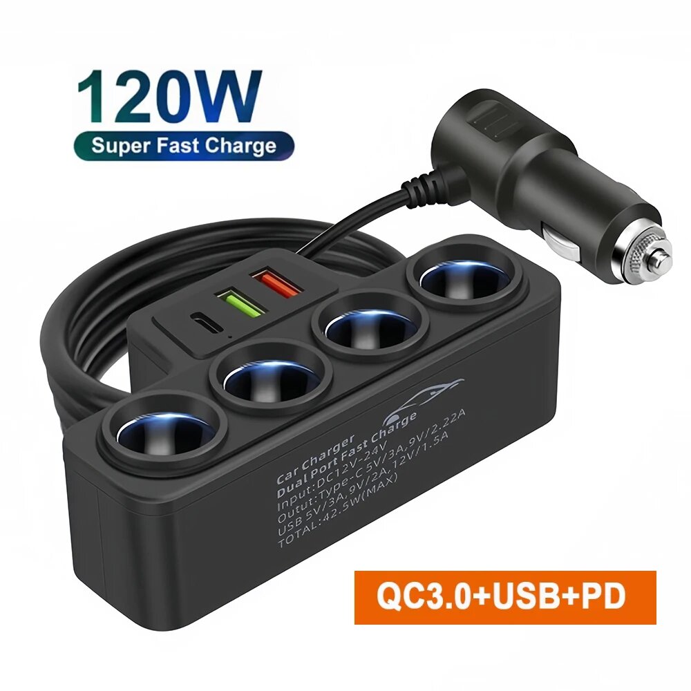 Адаптер автомобильного прикуривателя 12 В/24 В, новый разъем 4 в 1, зарядное устройство 3,1 А, автомобильное зарядное устройство USB + QC3.0 + PD3.1A, автомобильное зарядное устройство, аксессуары, 4-in-1