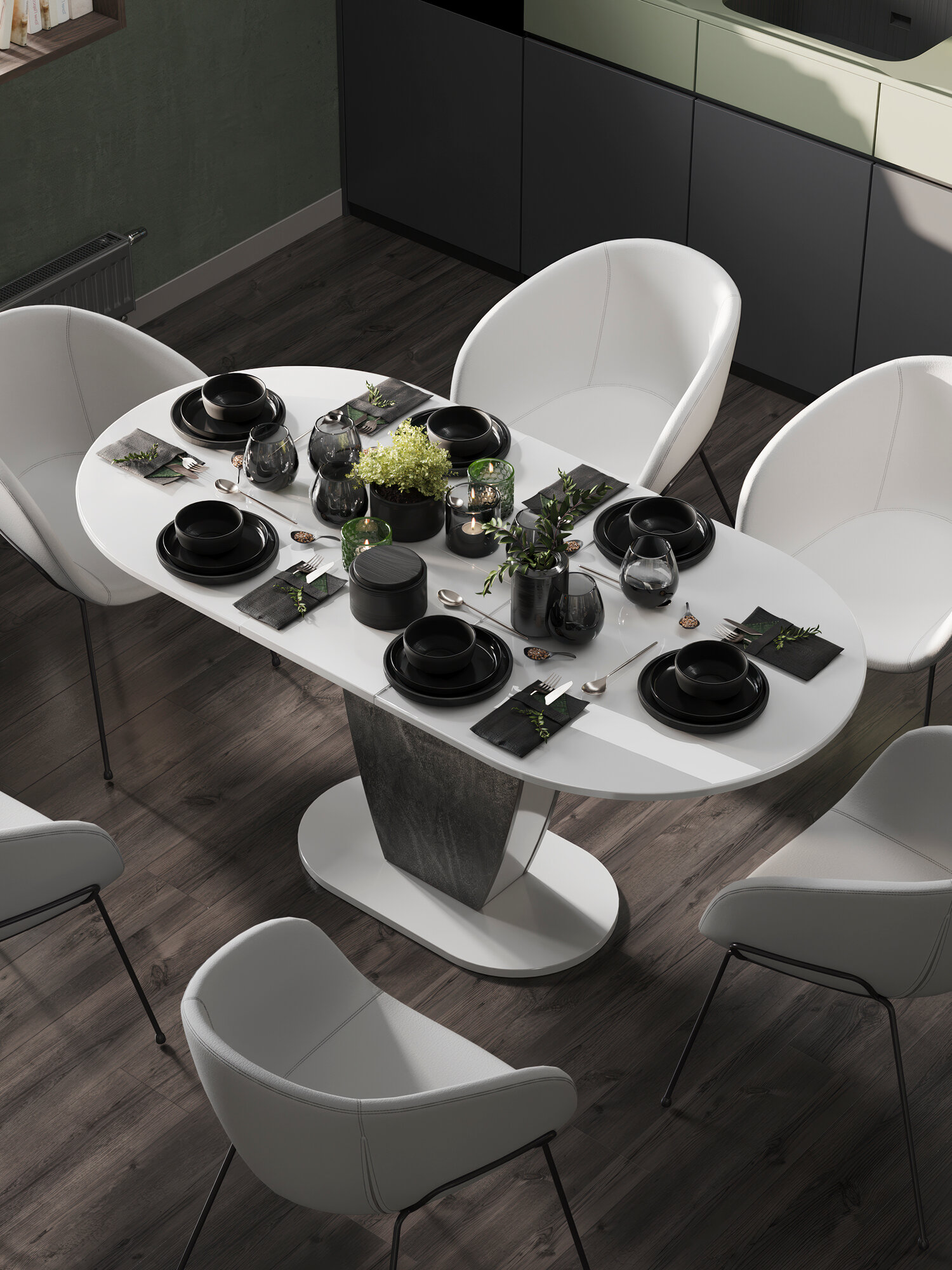 Стол кухонный раздвижной , со стеклом Монреаль (Белый глянец/моод темный)