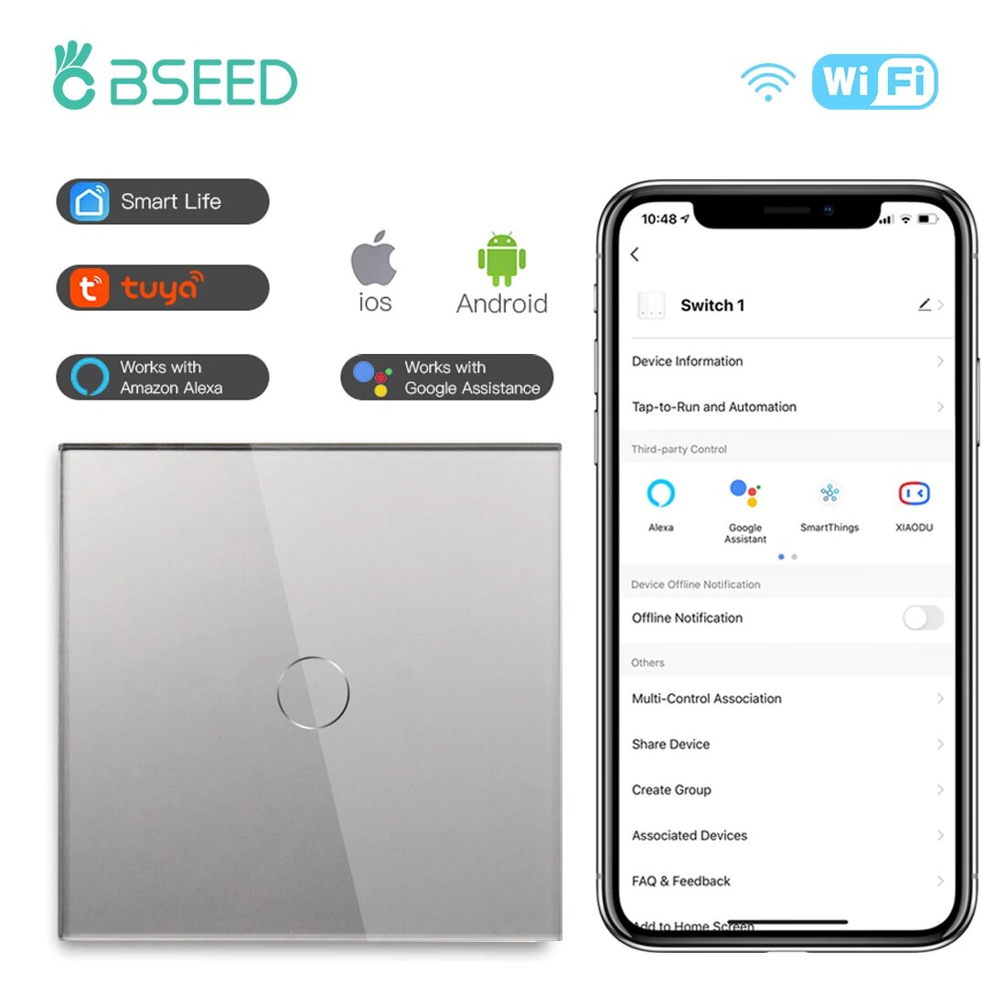 BSEED Умные сенсорные выключатели Wi-Fi серые, 1Gang Switch, Европейский стандарт