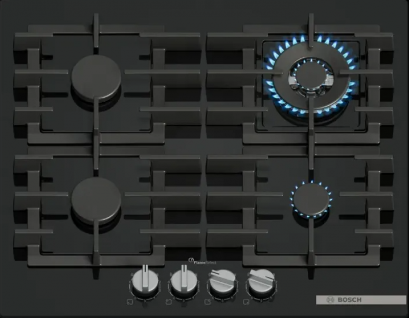 Варочная поверхность газовая Bosch PPH6A6I40O, экспресс конфорка, газ-контроль, электро-поджиг, черный/закаленное стекло