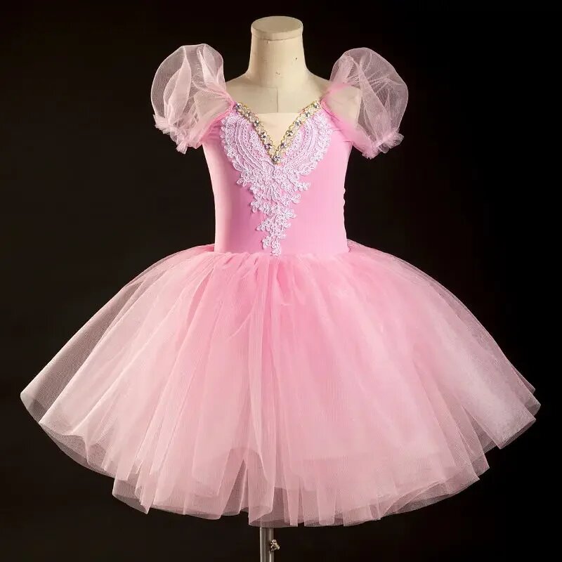 Детское балетное платье-пачка розового/синего/белого цвета с пышными рукавами для девочек, романтическое балетное платье для бальных вечеринок, сценический танцевальный костюм Розовый, S, Розовый