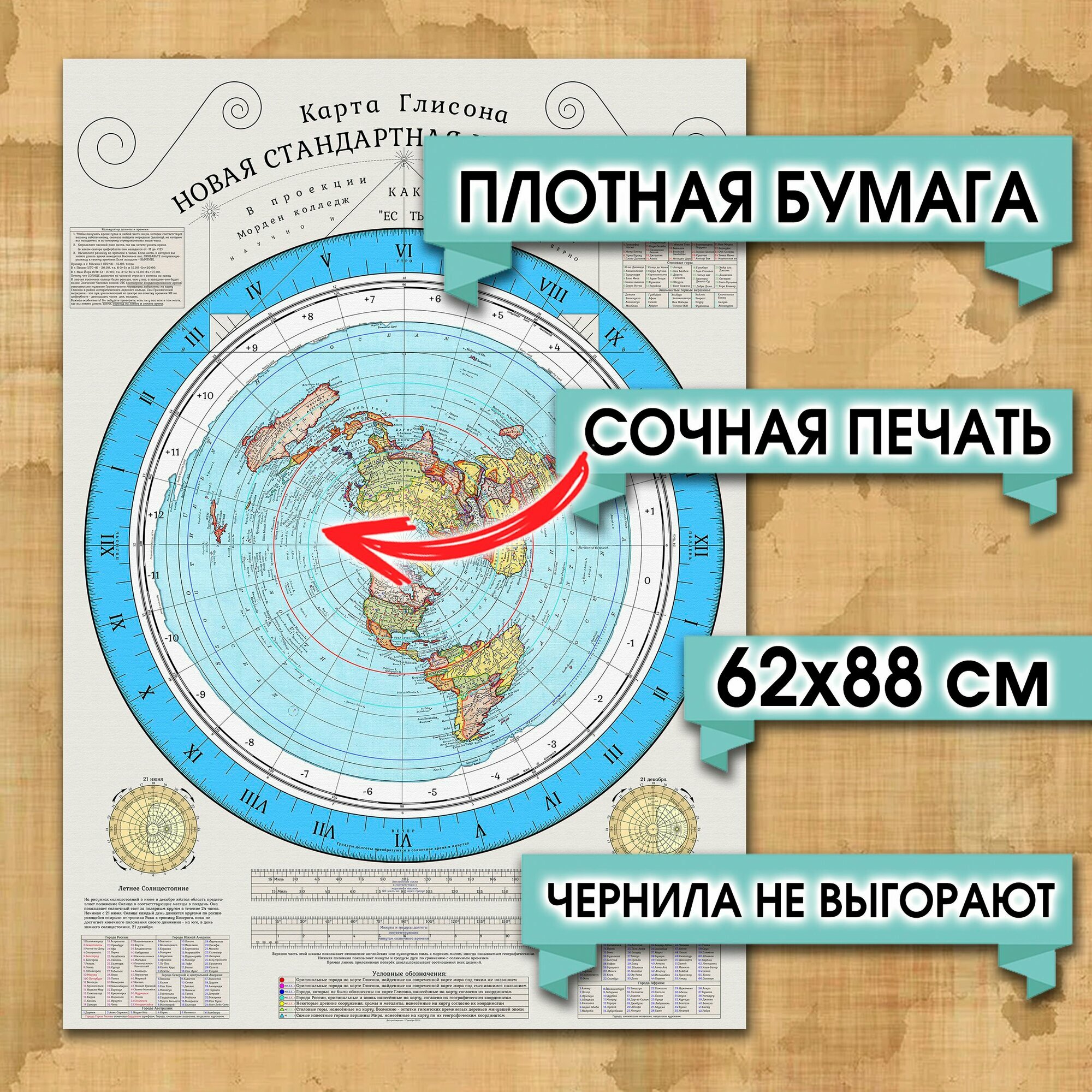 Карта плоской земли А. Глисона. Постер, плакат на плотной бумаге. Размер 62х88 см.