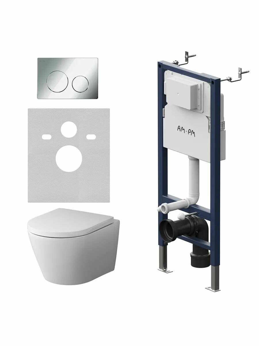 Инсталляция с унитазом комплект AM.PM Ray, механическая кнопка глянцевый хром, безободковый, шумоизоляция