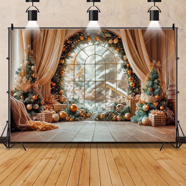 Рождественские арки, двери и окна, сверкающие венки, елочные украшения для детских и семейных праздников — фон для фотосъемки