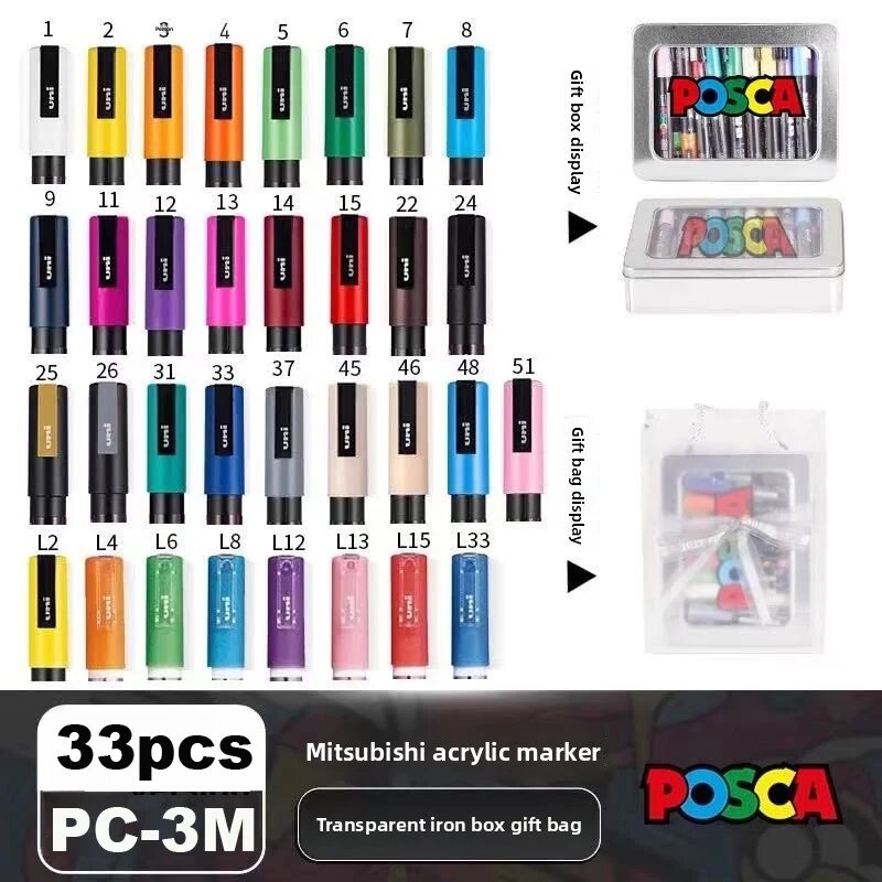 Маркеры для акриловых красок Uni Posca набор из 24 штук 3M 33Colors Set