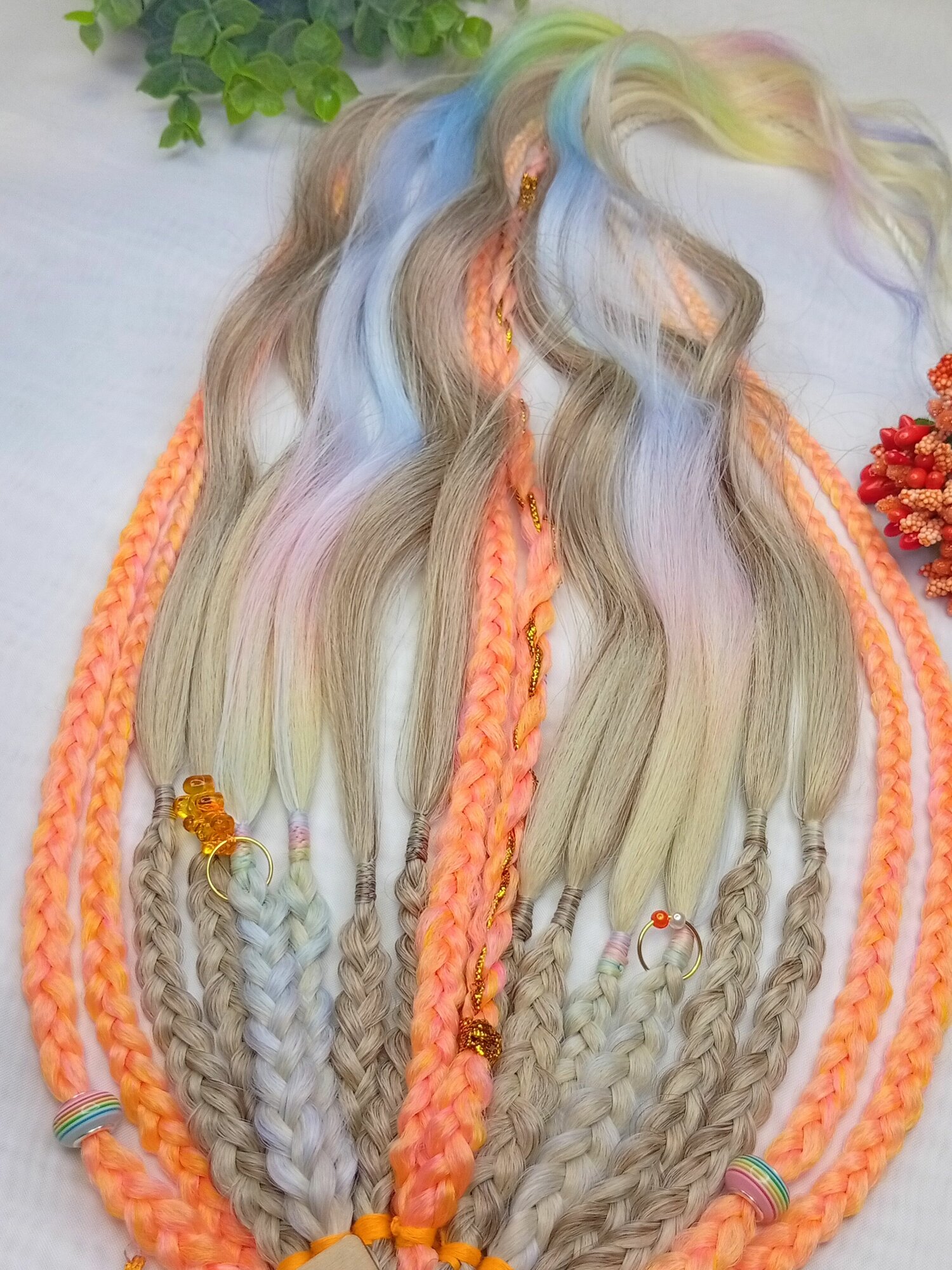 Афрорезинка микс. Косички на резинке, ручная работа, глитч, 60 см, 18 шт