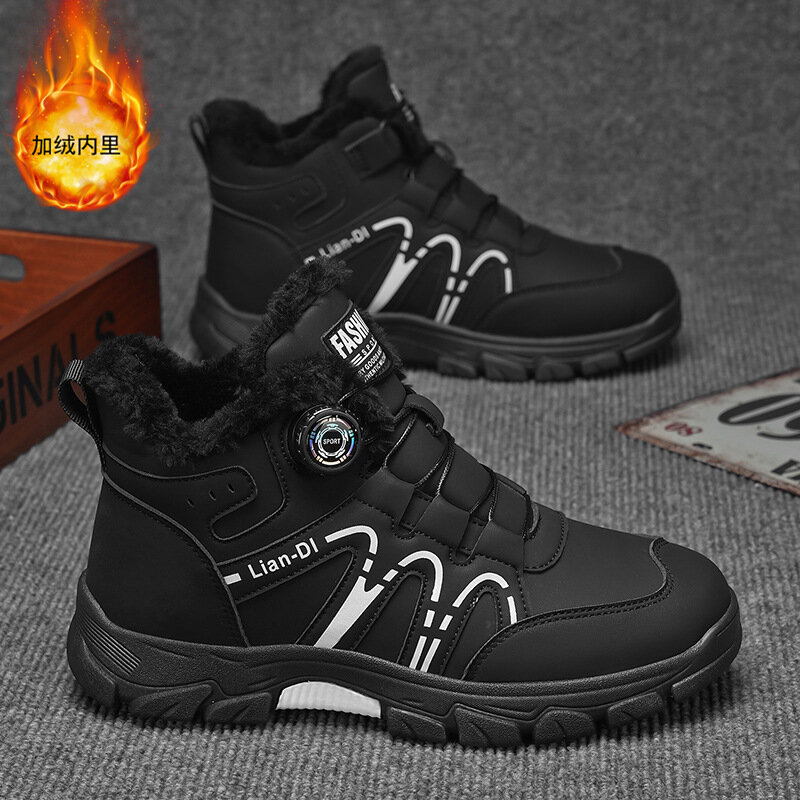 Зимние высокие мужские хлопковые ботинки на флисовой подкладке с утолщенной подошвой и вращающейся пряжкой, в британском стиле «Мартин».