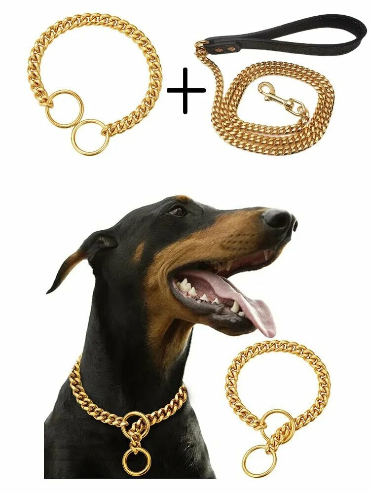 Золотая цепь для собак из нержавеющей стали с кожаной ручкой Прочная и стильная