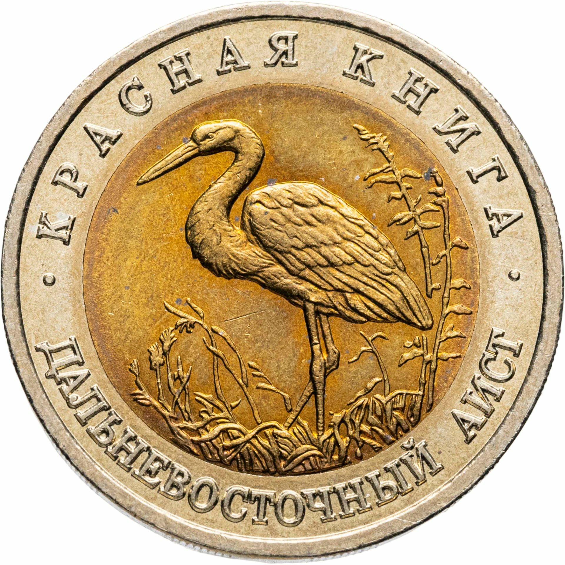 50 рублей 1993 ЛМД Дальневосточный Аист - Красная книга, Биметалл, в сохранности AU-UNC