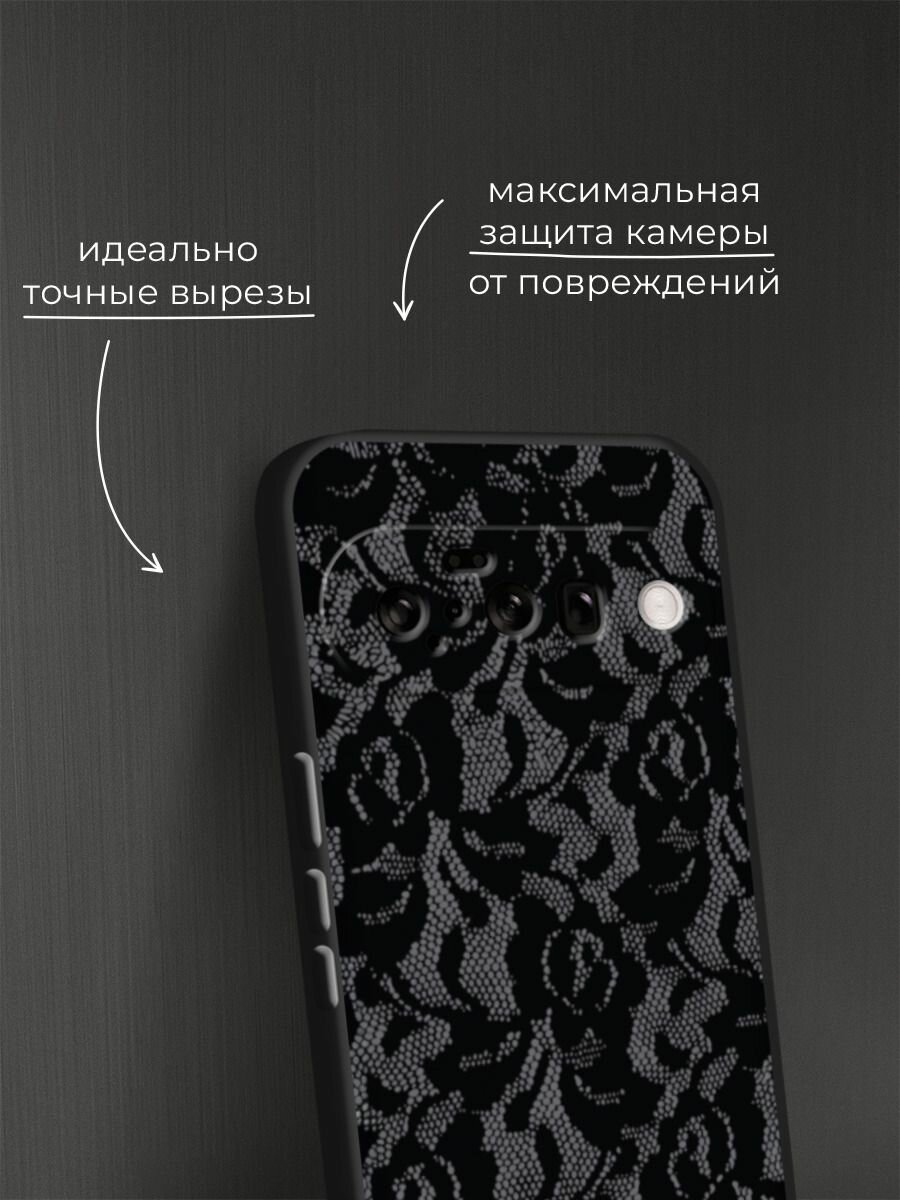 Черный матовый чехол на Google Pixel 10 / Гугл Пиксель 10 с принтом Черные кружева цветов — фото 1