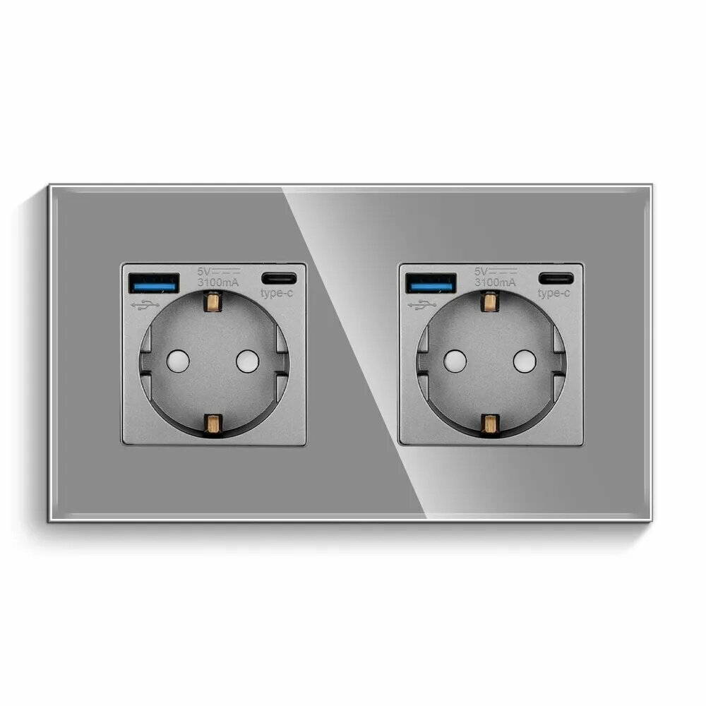 Розетка электрическая с USB/TYPE-C AC, 2 пост 16А, рамка 86*158mm стекло, 5 вольт,3.1A