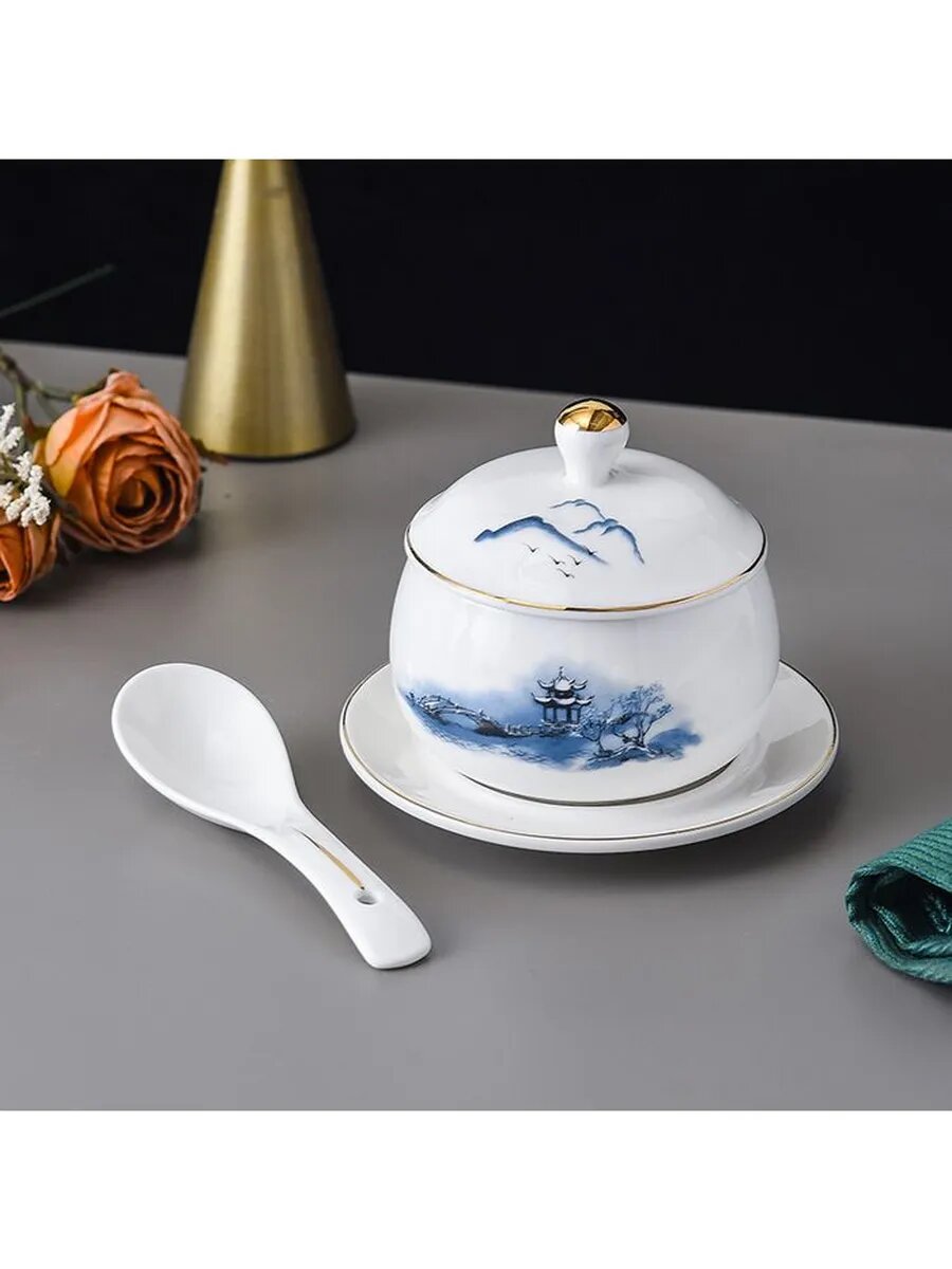 Керамическая кастрюля (малая, золотой узор, 300 мл, набор)