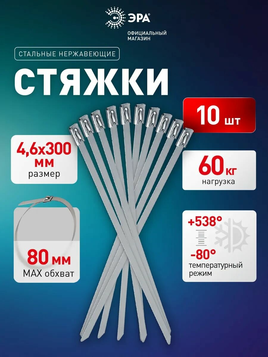 Стяжки стальные AISI ЭРА NO-225-249 хомуты для проводов 4.6 x 300 мм 10 штук