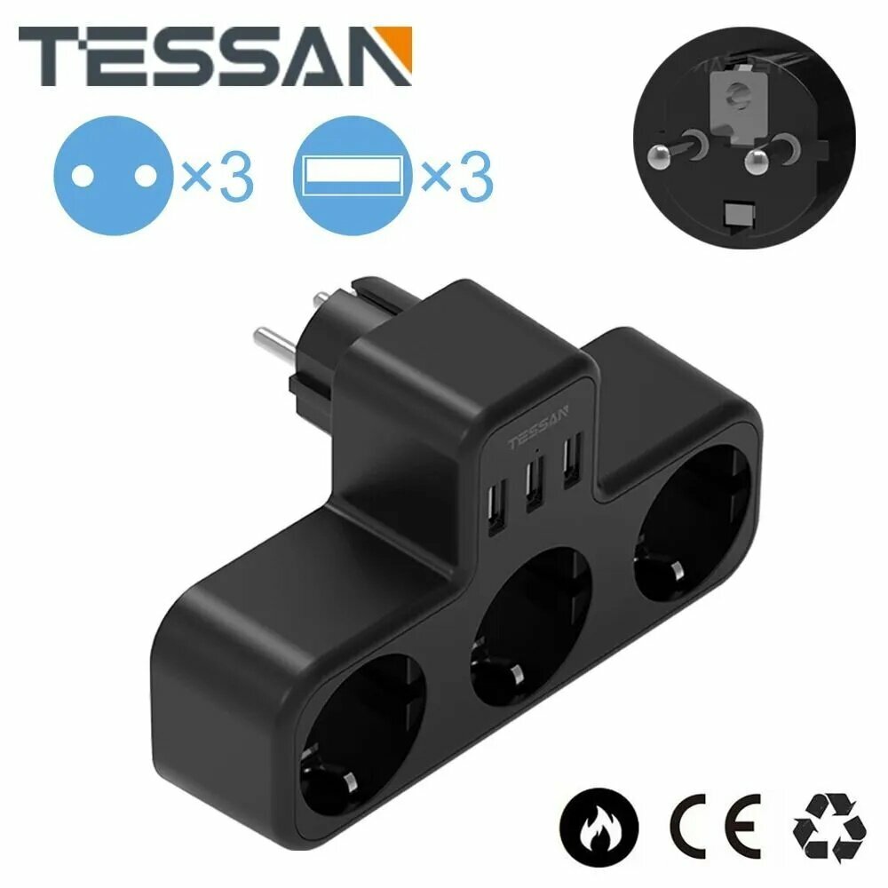 Расширитель розеток для стен TESSAN с 3 розетками и 3 портами USB для защиты от перегрузки адаптера панели питания дома / офиса, черный