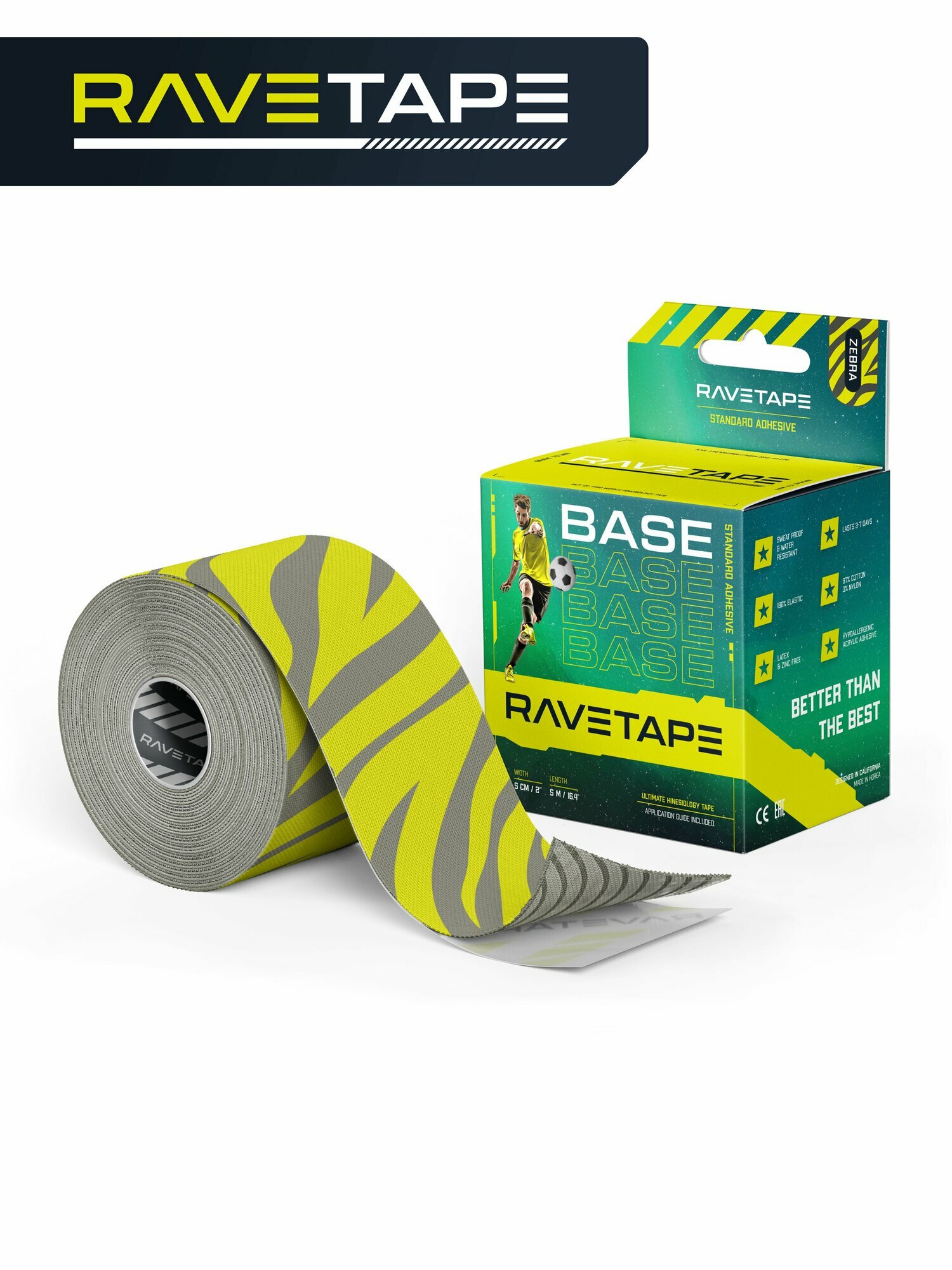 RaveTape BASE Zebra, 5м х 5см, кинезио тейп
