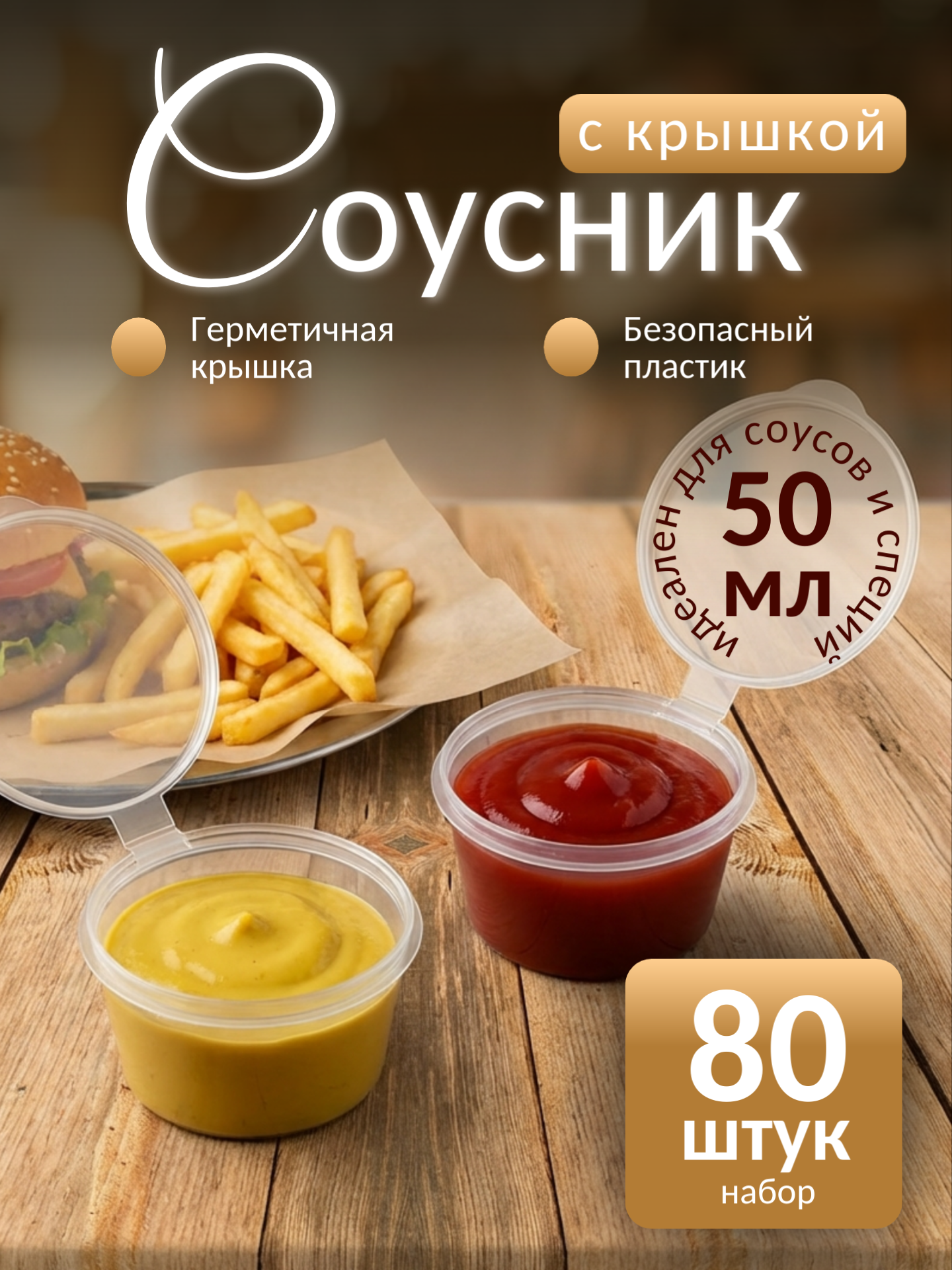 Соусники одноразовые пластиковые с крышкой 50 мл, 80 шт, прозрачные