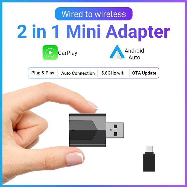 Беспроводной блок CarPlay и Android Auto 2-в-1 2025 года, проводной адаптер 2-в-1 для подключения к беспроводной сети, автоматическое подключение по Bluetooth, мини-блок, работающий по принципу Plug and Play.