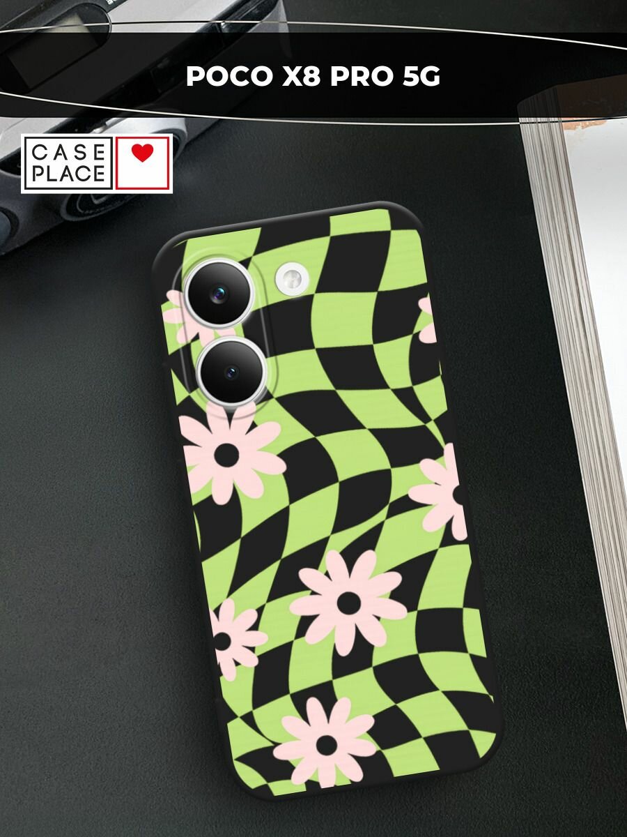Черный матовый чехол на Poco X8 Pro / Поко X8 Про с принтом Розовые цветы на зеленой клетке