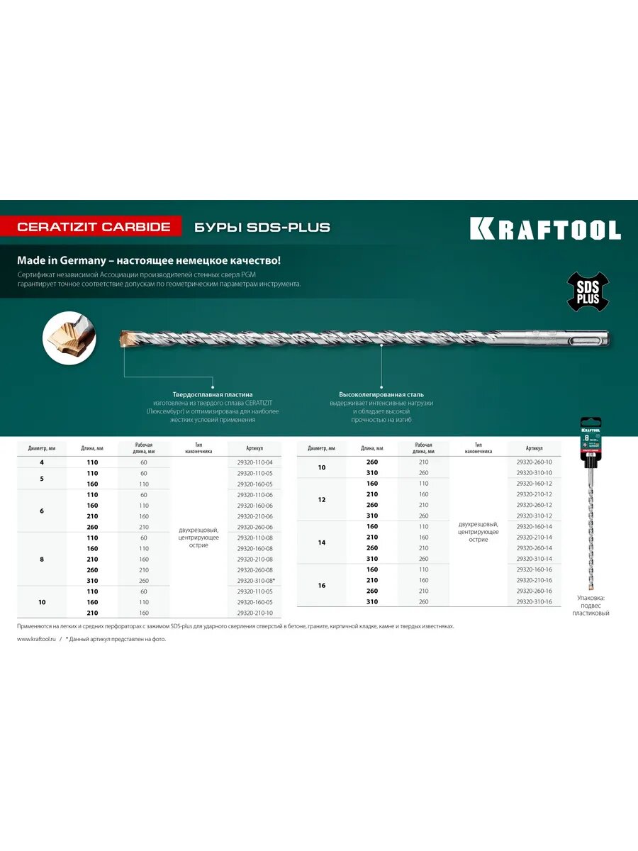 KRAFTOOL Ceratizit Carbide, 10 х 160 мм, SDS-plus бур (