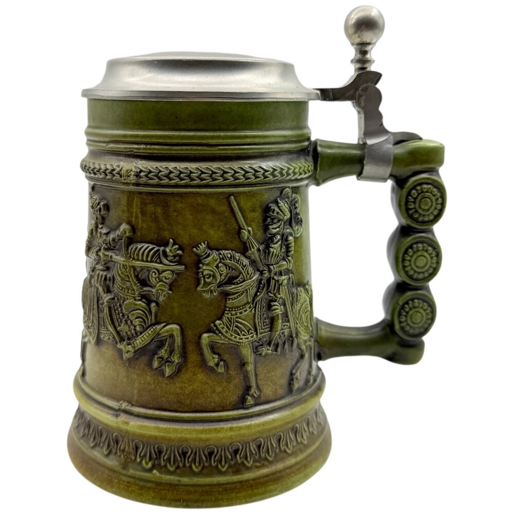 Пивная кружка "Рыцари" с крышкой, 0.7 л, керамика, олово, 1960-1970 гг, Gerz, Германия