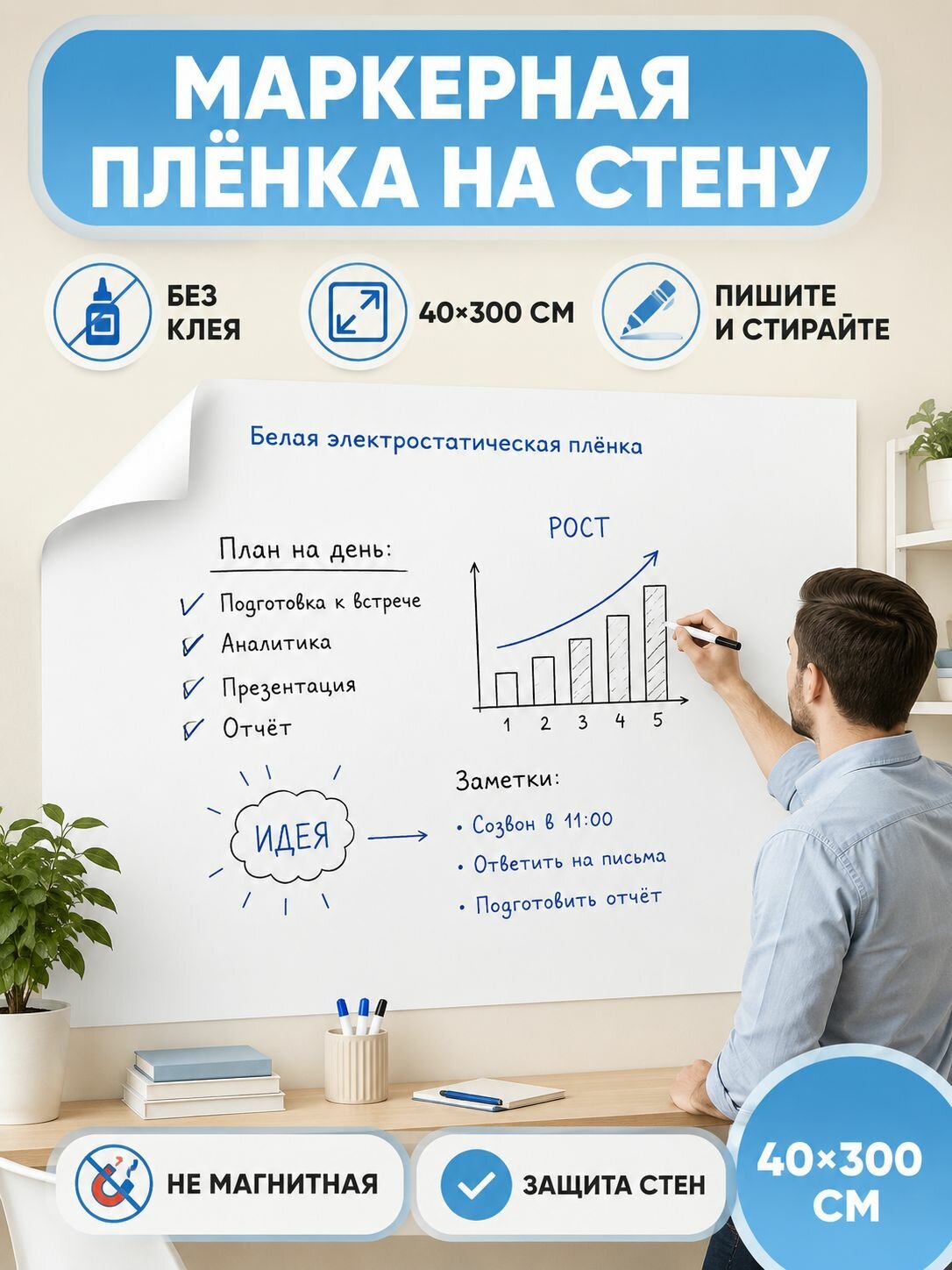 Маркерная плёнка-доска на стену, белая электростатическая, без клея, для рисования и записей, 40*300cm. белая электростатическая пленка для заметок