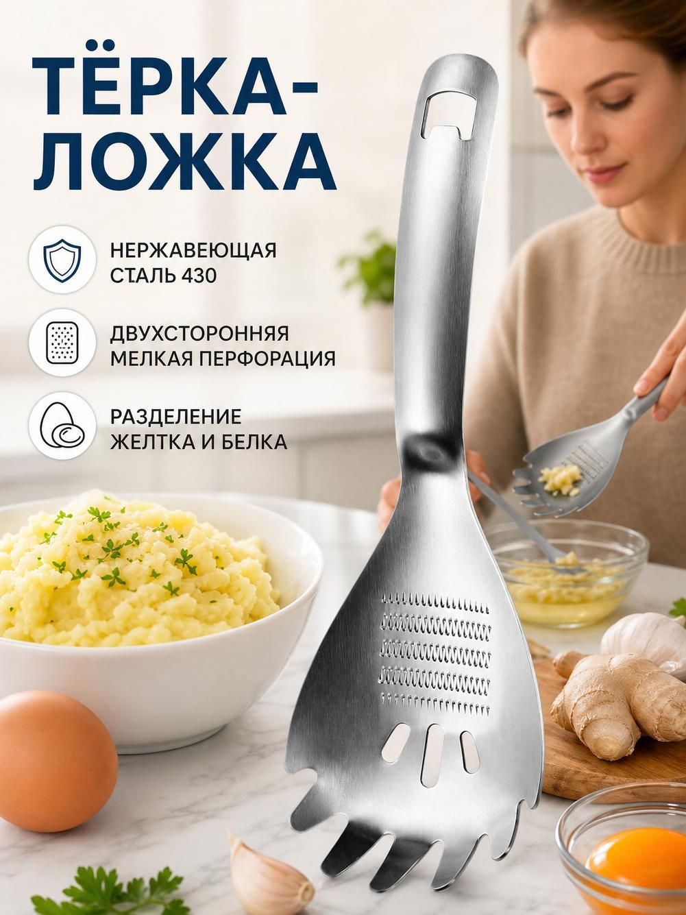 Многофункциональная ложка из нержавеющей стали 430, для отделения желтка, измельчения чеснока и приготовления детского питания