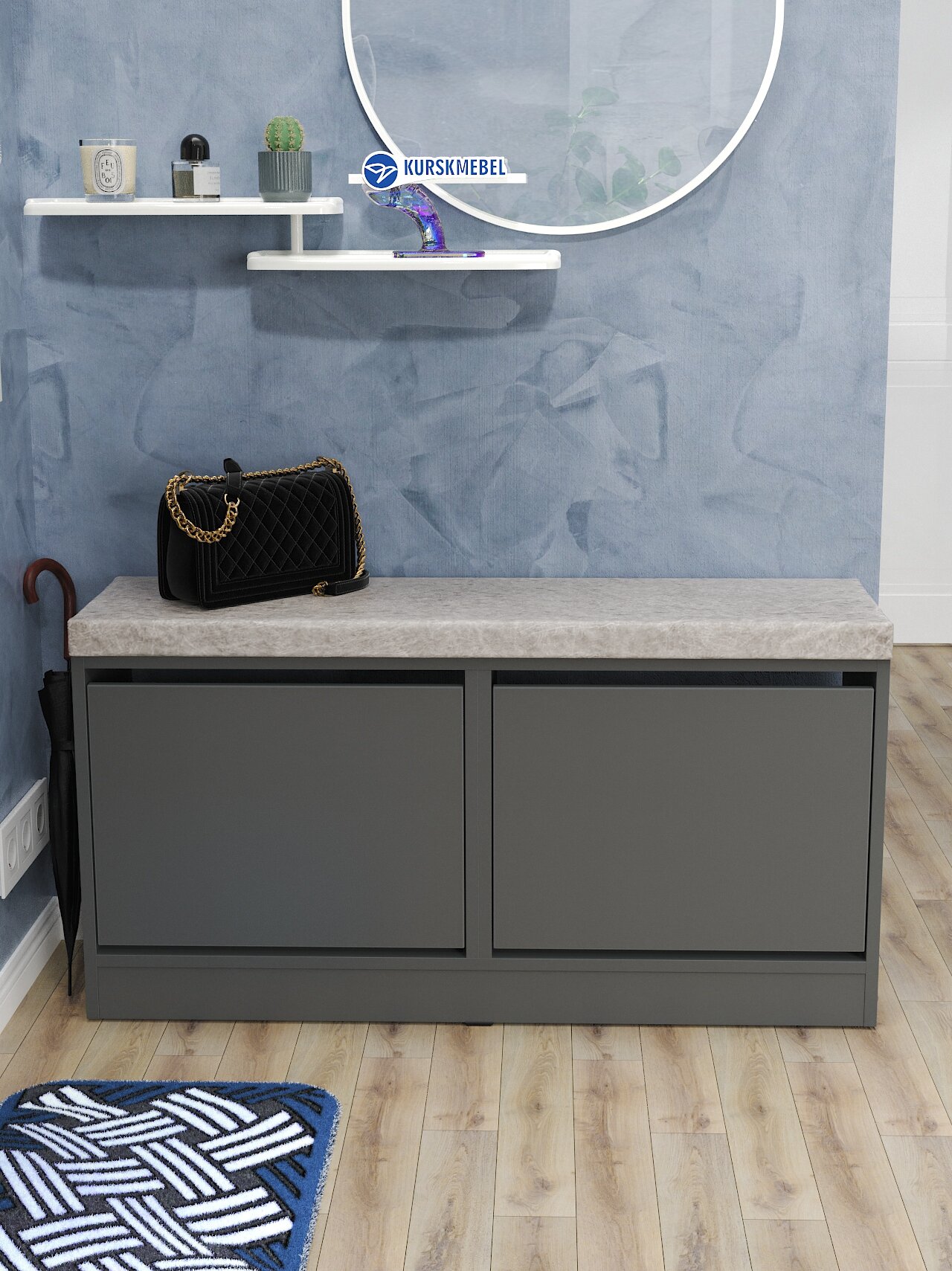 Обувница "Курскмебель" №23, с мягким сиденьем, откидные дверцы, ЛДСП