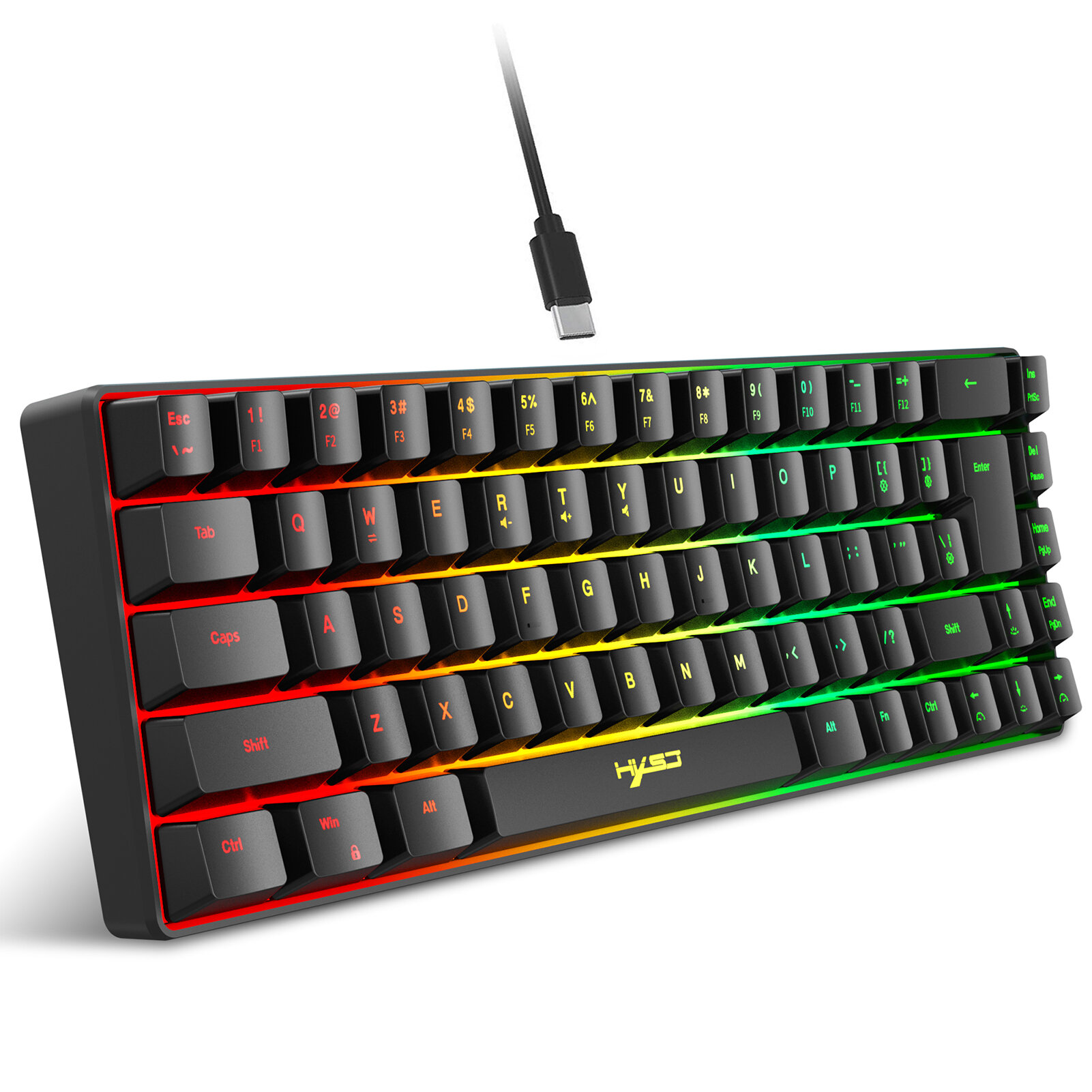 HXSJ V200 Клавиатура для гейминга проводная RGB Streamer Mini 68-клавишная с 19-клавишным антидребезгом мембранная с механическим ощущением черный/белый USB Type-C 170см ABS для игры/офиса