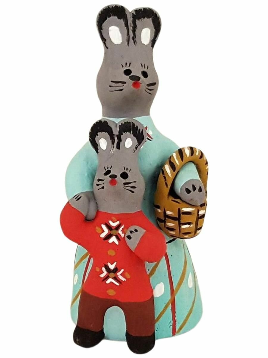 Зайчиха с зайчонком, Каргопольская глиняная игрушка, ручная авторская работа