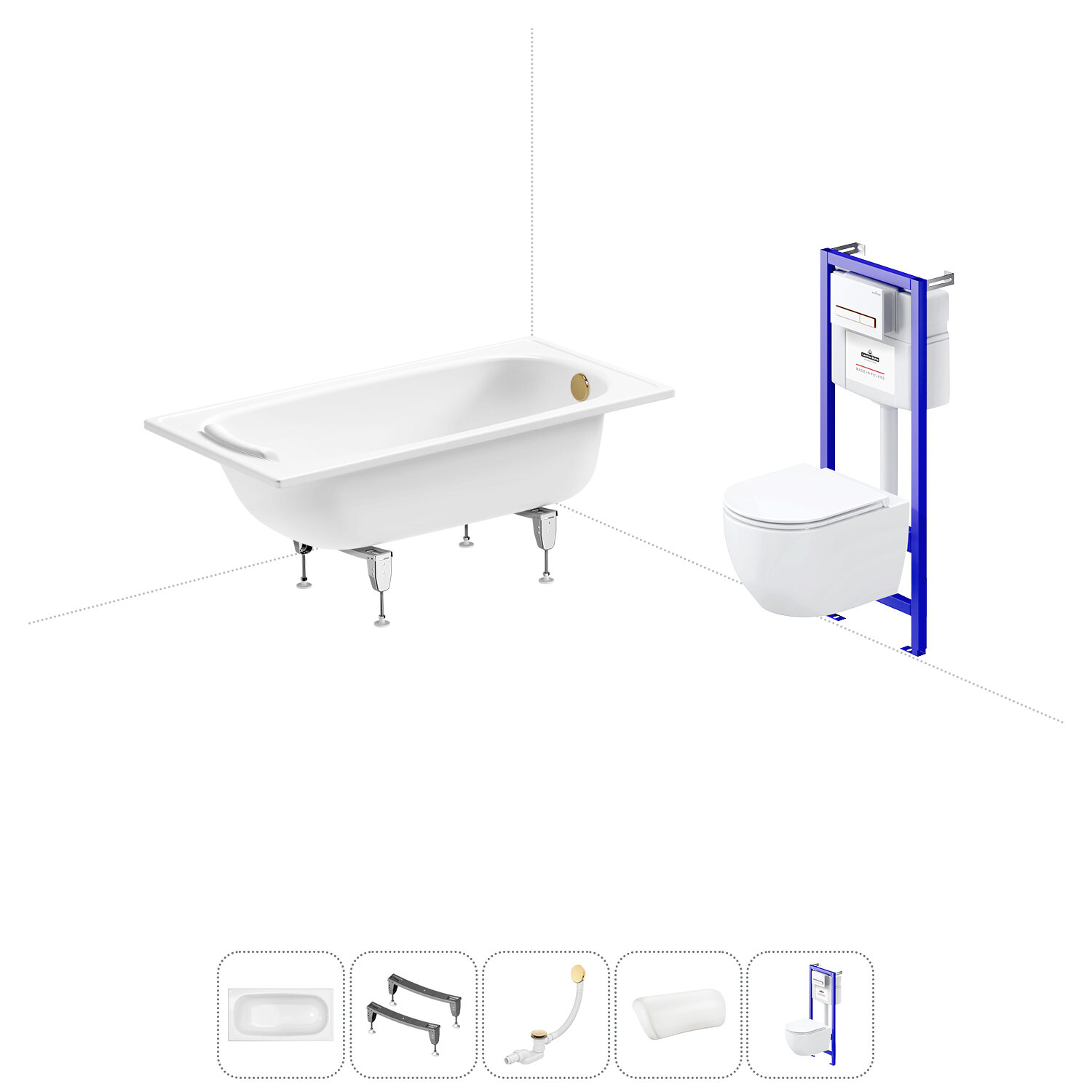 Стальная ванна 130х70 Sanitana BLB Europa 20220776R в наборе 5 в 1: металлическая ванна 130 х 70 см, ножки, слив-перелив, подголовник, инсталляция с унитазом