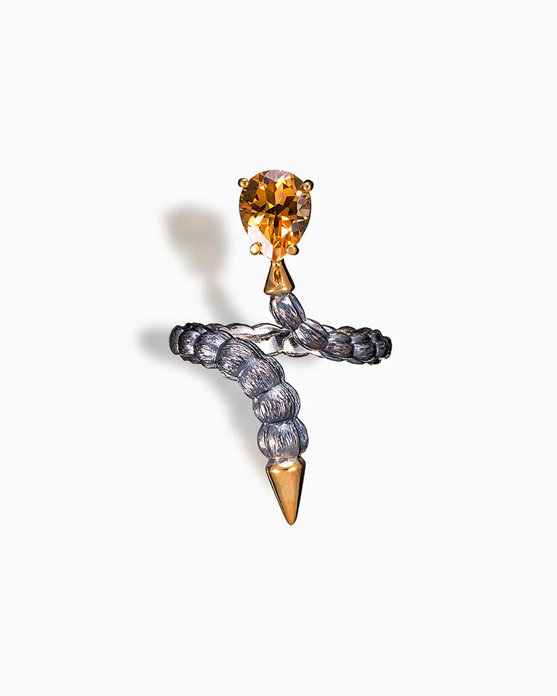 Кольцо, серебро, 925 проба, чернение, золочение, цитрин