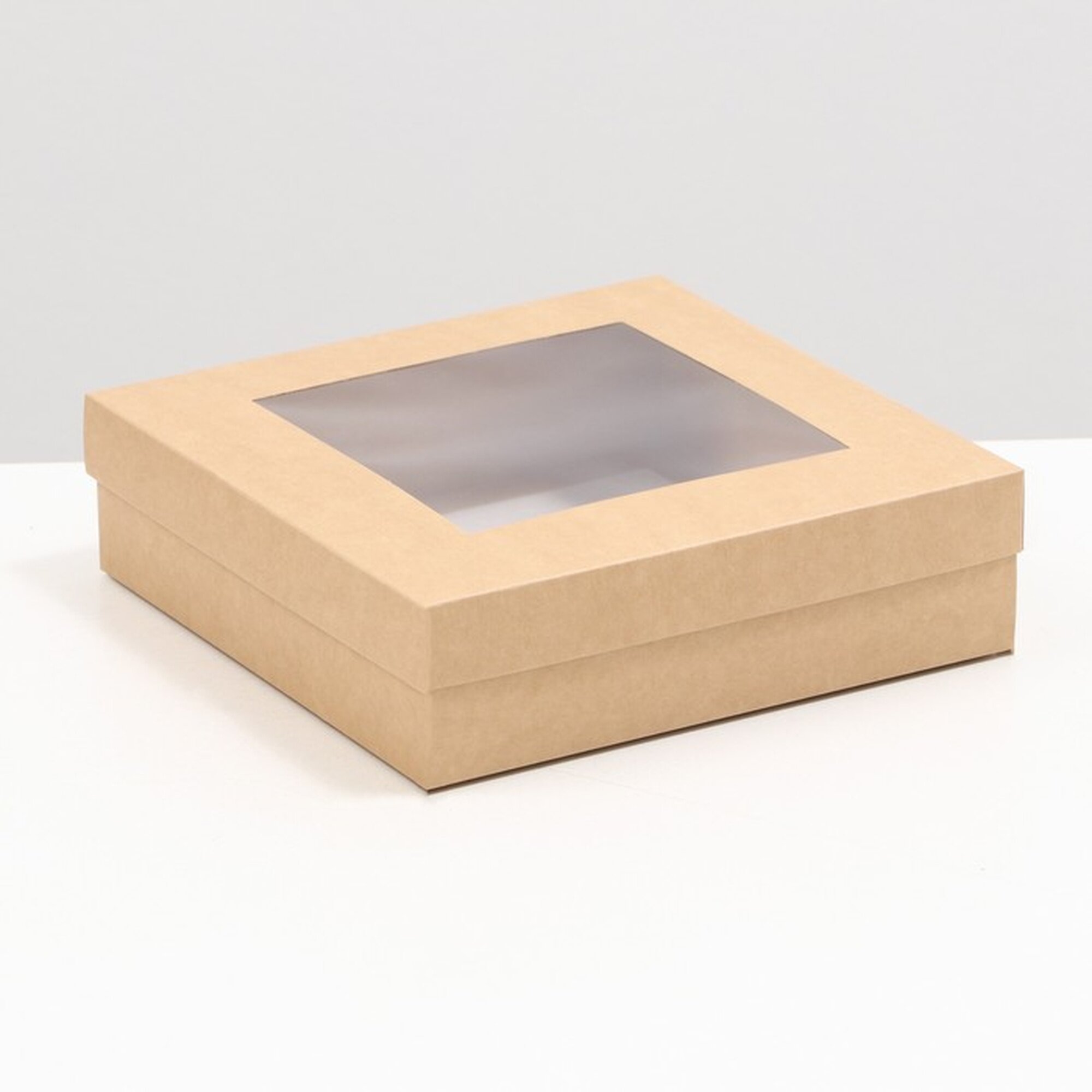 Коробка складная, крышка-дно, с окном, крафт, 23 х 23 х 6,5 см