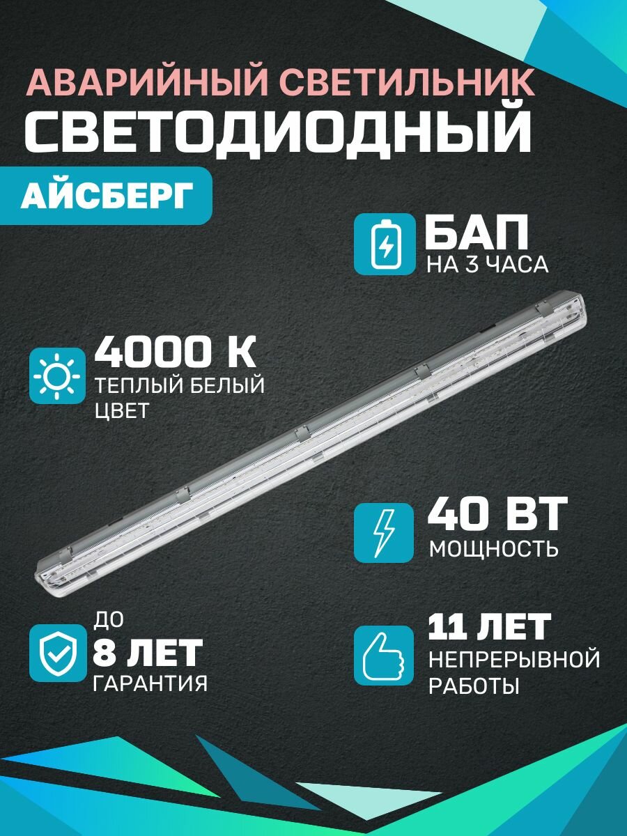 Аварийный светильник Айсберг 40Вт, 4000К, Прозрачный, 5000лм, IP65, Бап на 3 часа