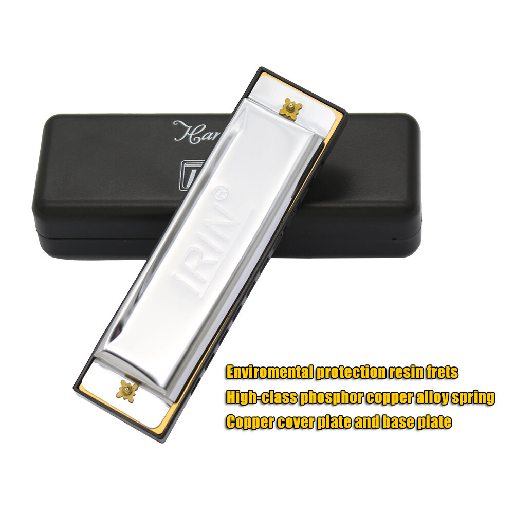 10 Holes 20 Tone Diatonic Blues Harmonica Key of C with Case for Beginner Children Silver