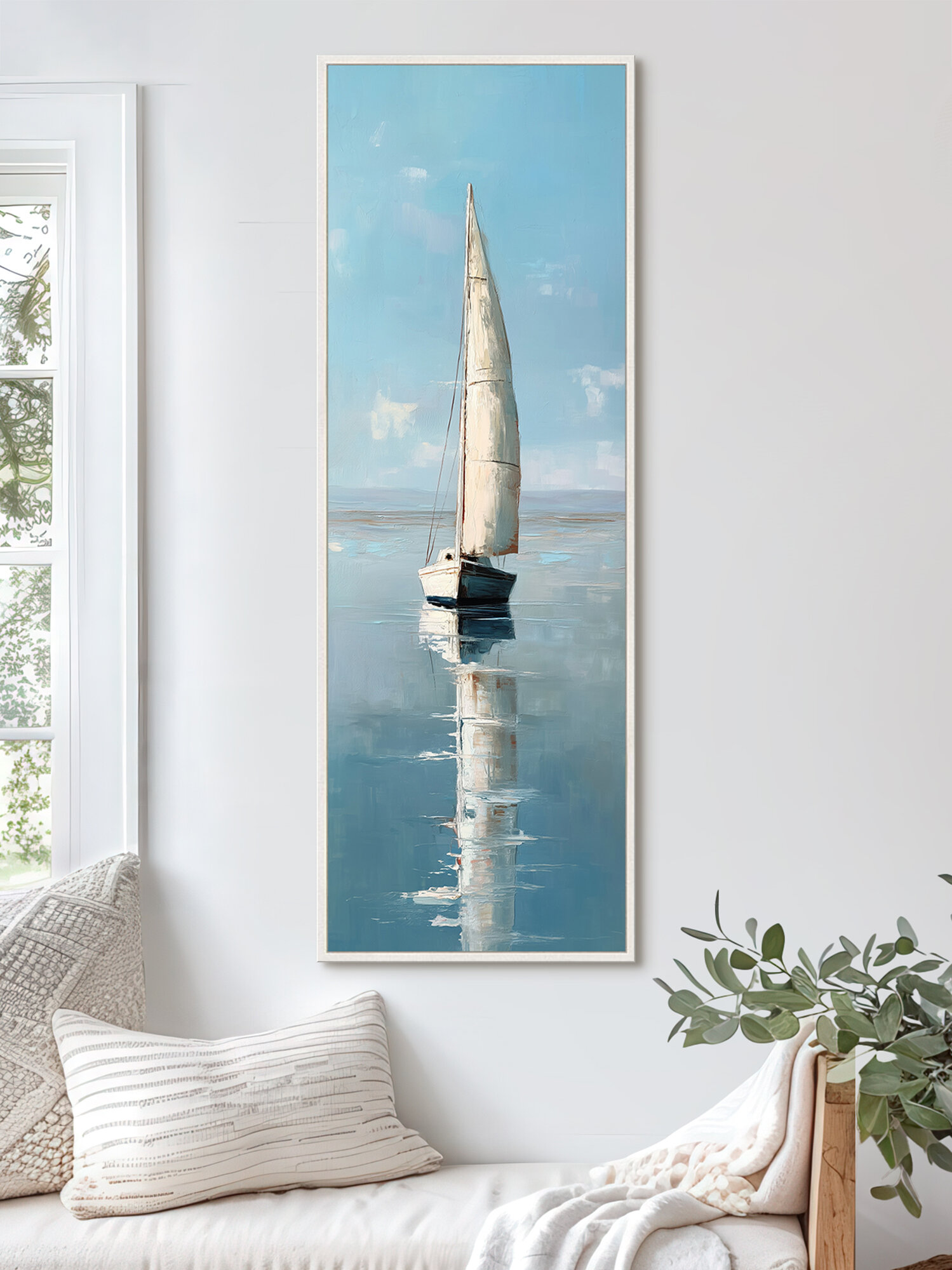 Картина "парус 1" 33×93 см — интерьерная картина в раме, вертикальная, на бумаге, яхта, парус, море, Арт Хаус