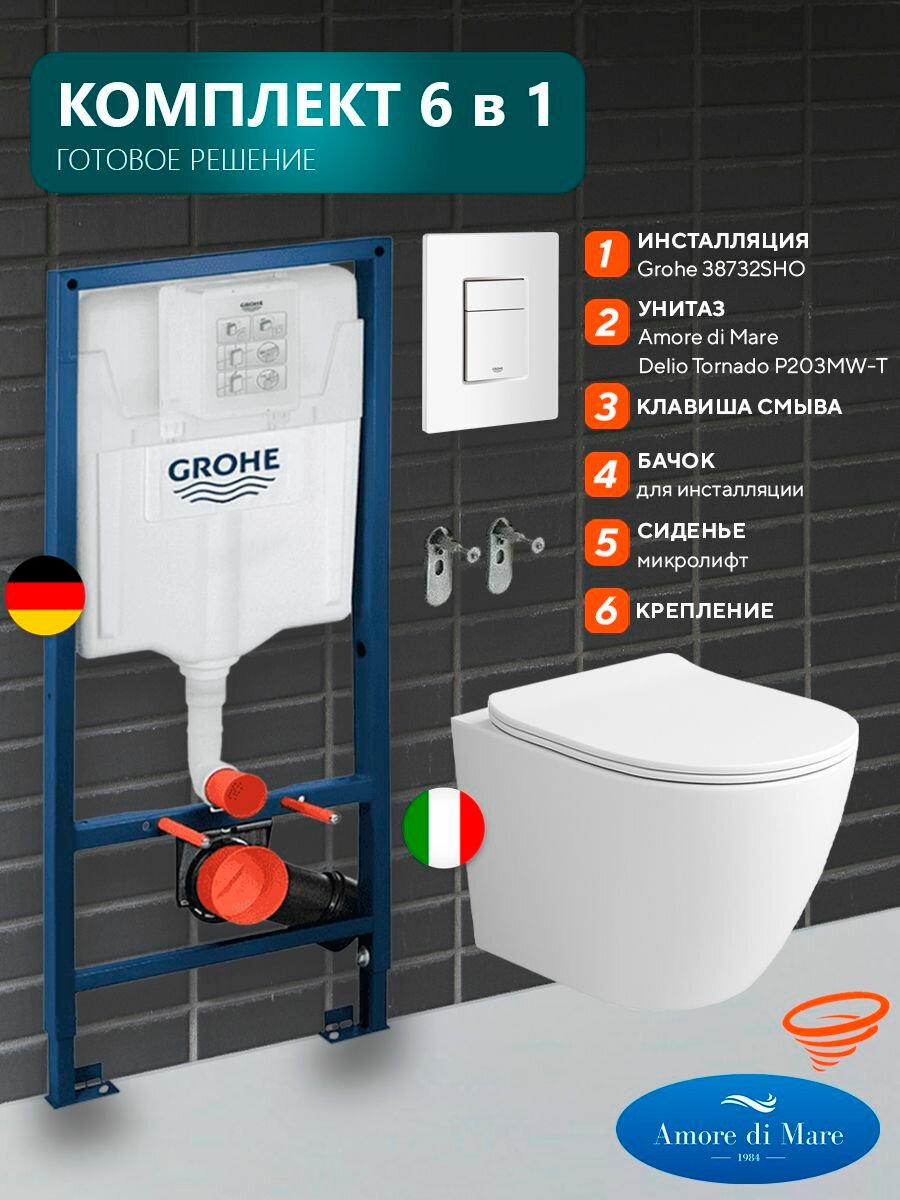 Инсталляция с унитазом 6 в 1: инсталляция Grohe 38732SHO+унитаз Amore di Mare Delio Tornado P203MW-T Matte White+сиденье микролифт