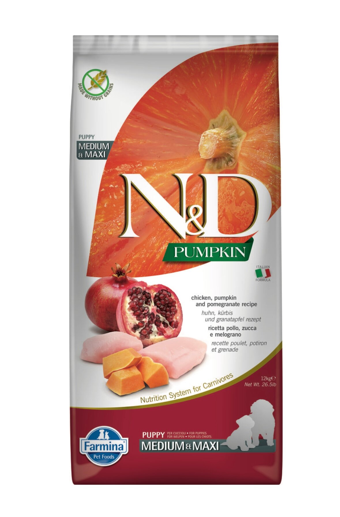 Сухой корм Farmina ND Dog Pumpkin Chicken / Pomegranate PUPPY Medium/Maxi для щенков средних и крупных пород с курицей и гранатом, 12кг